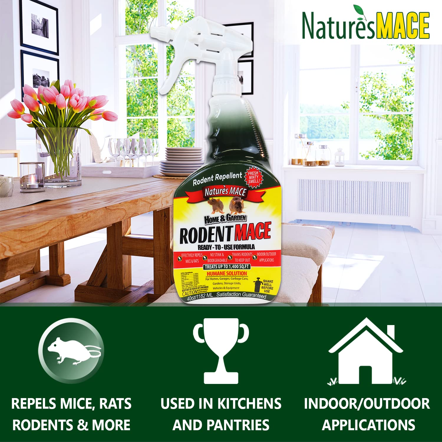 Nature's MACE 40oz Rodent Repellent Spray, Repel Mouse/Mice, Rats, Rodents, Indoor & Outdoor Spray Stops Rodent Damage in House, Car, RV, Storage, Attic, Garage, Stops Nesting & Wire Chewing
