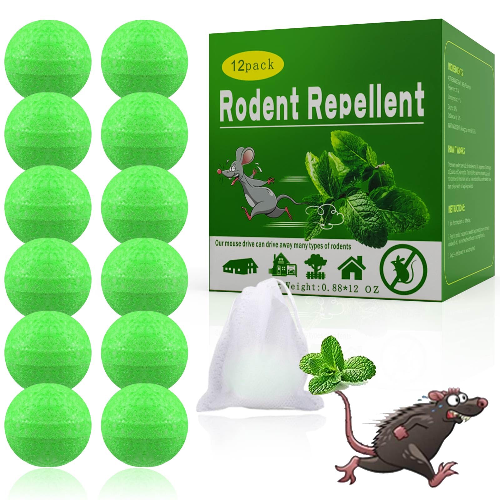 Mice Rodent Repellent 12Pcs 0.8lb, Peppermint Oil to Repel Mice and Rats, Rodent Repellent for Car Engines, Natural Ingredients Rat Repellent Balls Deterrent Indoor Pest Insect Control, Family & Pet Safe