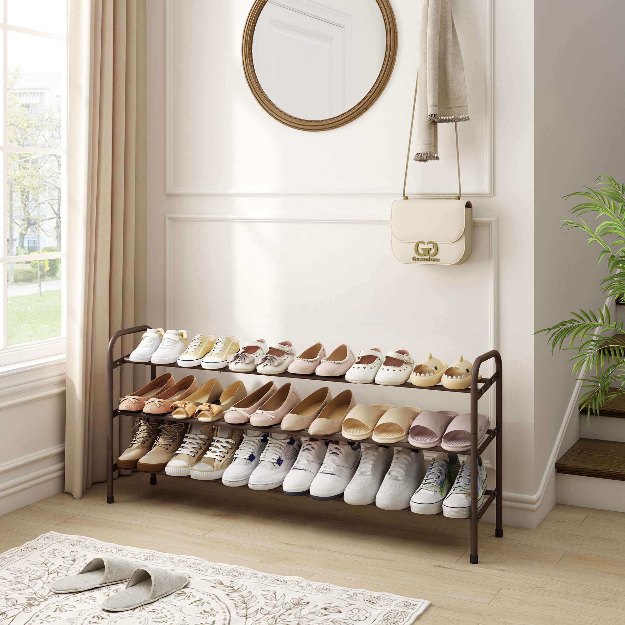 Gewudraw 3-Tier shoe organizer,shoe rack for closet,41.53'' Metal shelf for Bedroom, Entryway,Adjustable to 18 Pairs Shoes, Expandable,Brown