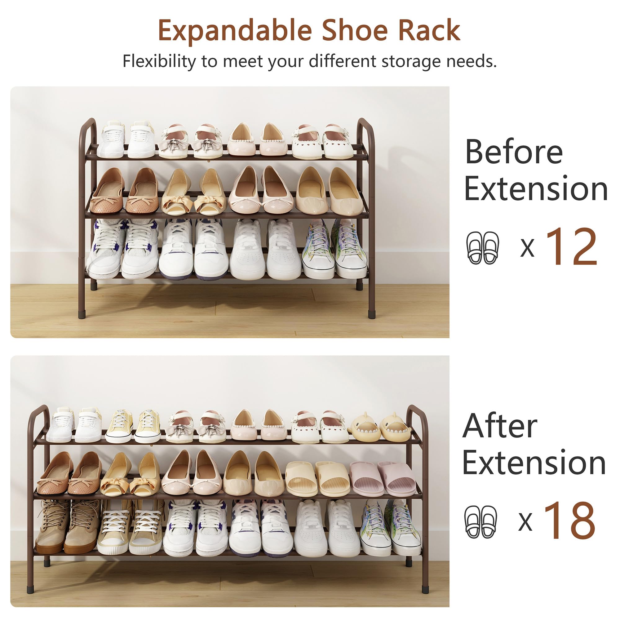 Gewudraw 3-Tier shoe organizer,shoe rack for closet,41.53'' Metal shelf for Bedroom, Entryway,Adjustable to 18 Pairs Shoes, Expandable,Brown