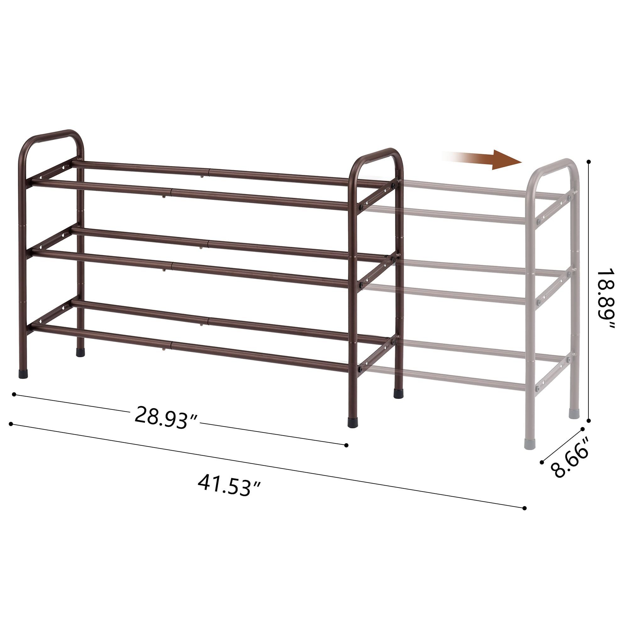 Gewudraw 3-Tier shoe organizer,shoe rack for closet,41.53'' Metal shelf for Bedroom, Entryway,Adjustable to 18 Pairs Shoes, Expandable,Brown