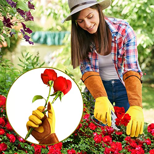 2 Pairs Long Gardening Gloves for Women Men Thorn Proof Rose Pruning Gloves Heavy Duty Gauntlet Leather Work Garden Gloves (Yellow, Large)