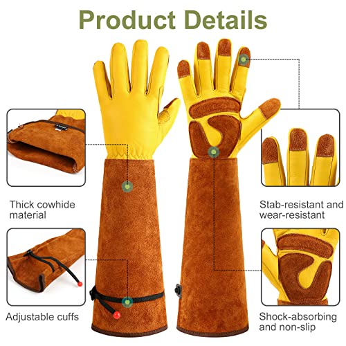 2 Pairs Long Gardening Gloves for Women Men Thorn Proof Rose Pruning Gloves Heavy Duty Gauntlet Leather Work Garden Gloves (Yellow, Large)