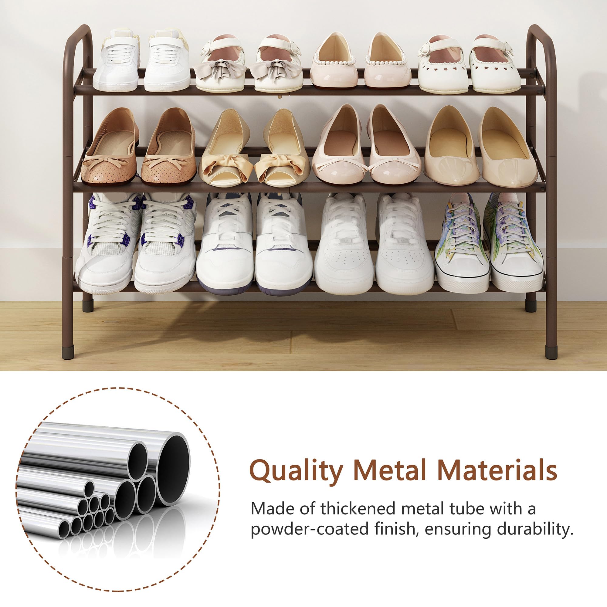 Gewudraw 3-Tier shoe organizer,shoe rack for closet,41.53'' Metal shelf for Bedroom, Entryway,Adjustable to 18 Pairs Shoes, Expandable,Brown