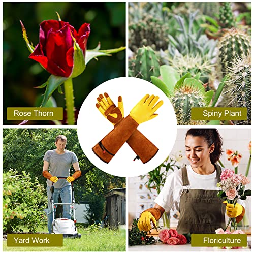 2 Pairs Long Gardening Gloves for Women Men Thorn Proof Rose Pruning Gloves Heavy Duty Gauntlet Leather Work Garden Gloves (Yellow, Large)