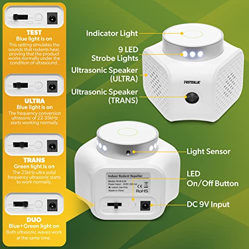 Pestzilla Ultrasonic Pest Repeller β Humane Mouse Repellent & Rat Deterrent - Ultrasound Impluse and LED Strobe Lights β Perfect for Squirrel Repellent Household Pests Repeller & Mice Repellant