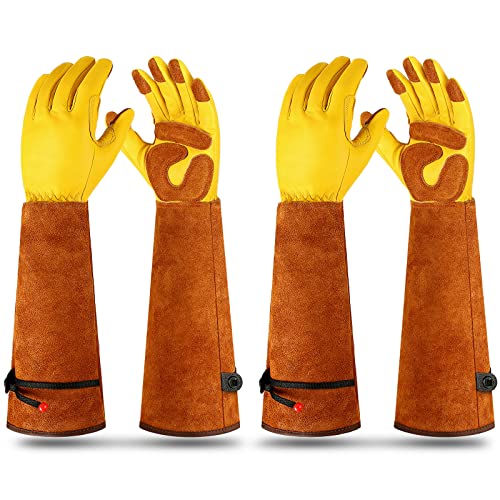 2 Pairs Long Gardening Gloves for Women Men Thorn Proof Rose Pruning Gloves Heavy Duty Gauntlet Leather Work Garden Gloves (Yellow, Large)