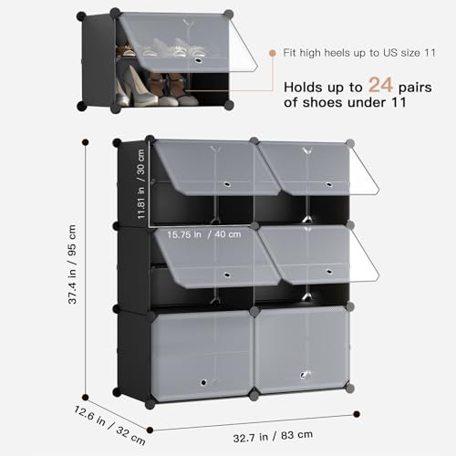 Cuzdeco Shoe Organizer Cabient, 6 Cube 12 Tiers Shoe Rack with Door, 24 Pairs Plastic Shoes Storage Cabinet Expandable Free Standing Shoe Rack, for Closet Entryway Hallway Bedroom, Black