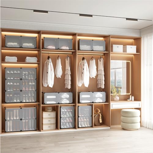 Cuzdeco Shoe Organizer Cabient, 6 Cube 12 Tiers Shoe Rack with Door, 24 Pairs Plastic Shoes Storage Cabinet Expandable Free Standing Shoe Rack, for Closet Entryway Hallway Bedroom, Black