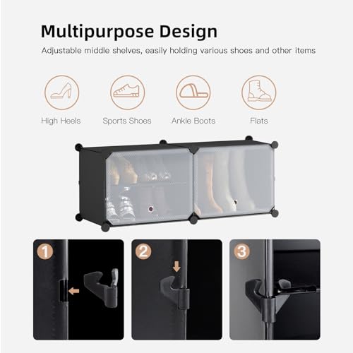 Cuzdeco Shoe Organizer Cabient, 6 Cube 12 Tiers Shoe Rack with Door, 24 Pairs Plastic Shoes Storage Cabinet Expandable Free Standing Shoe Rack, for Closet Entryway Hallway Bedroom, Black