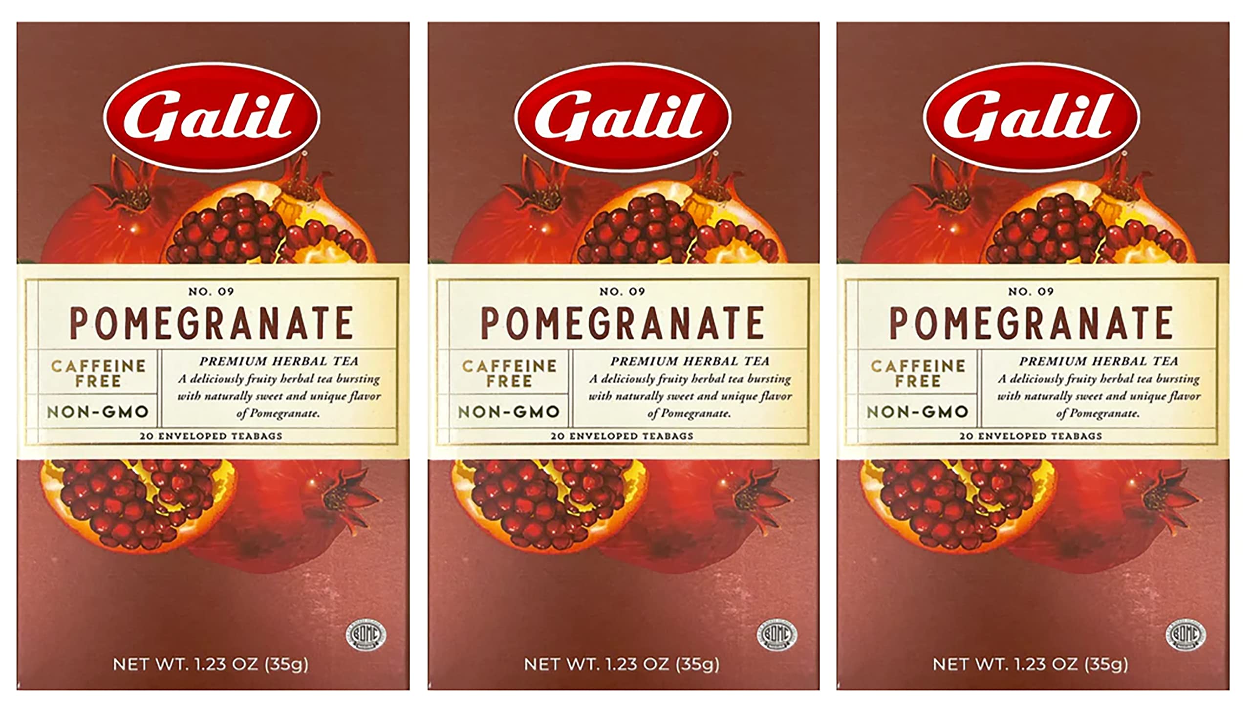 Galil Pomegranate Tea Pack of 3 – Caffeine-Free Herbal Tea, Certified Kosher Tea – Non-GMO Fruit Teabags 20 Count, 60 Tea Sachets Total (Pack of 3)