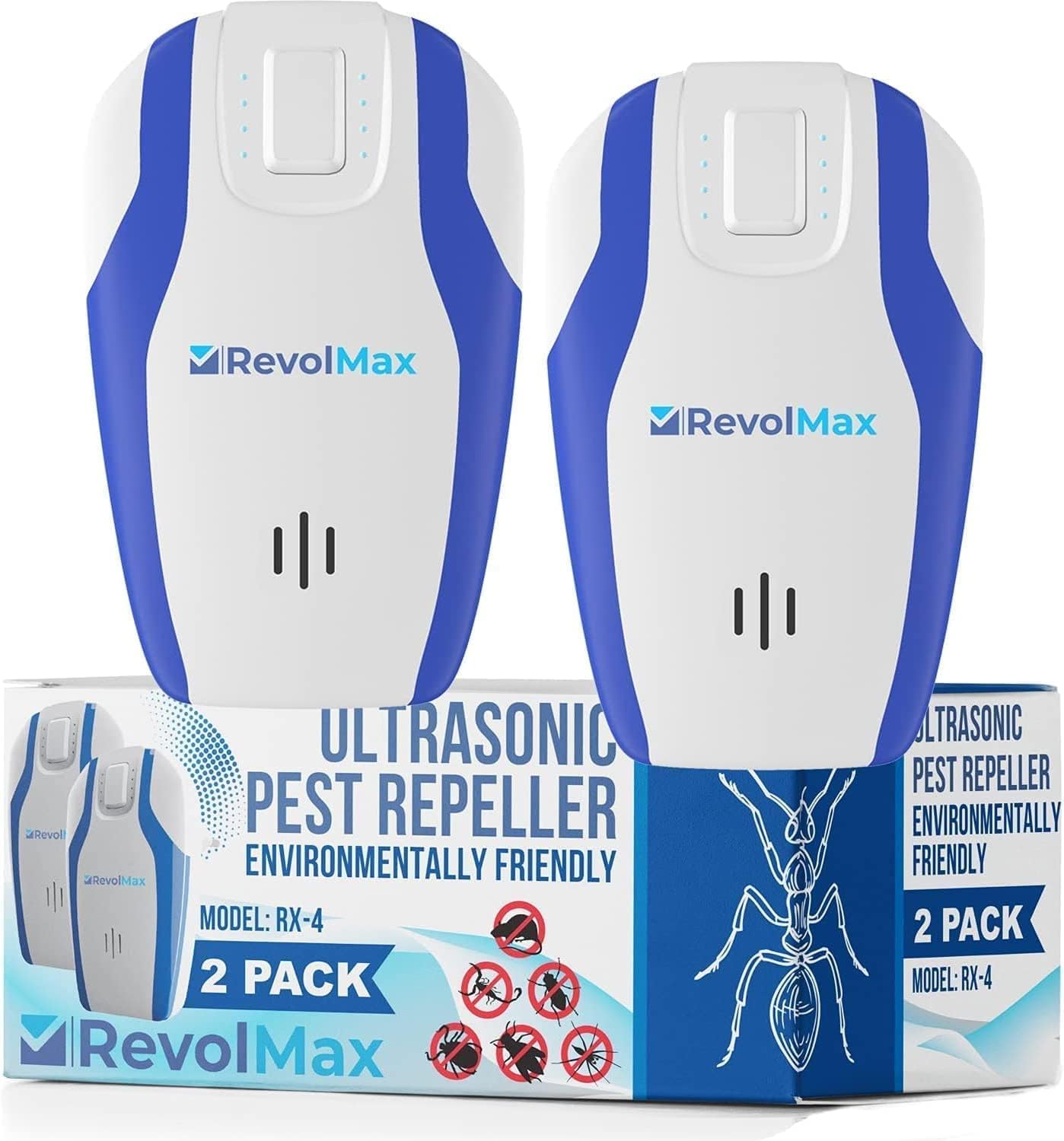 RX-4, Ultrasonic Pest Repeller - Electronic & Ultrasound, Indoor Plug-in Repellent - Get rid of - Rodents, Mice, Squirrels, Bats, Insects, Bed Bugs, Ants, Fleas, Spiders, Roaches (Dark Blue, 2Pack)