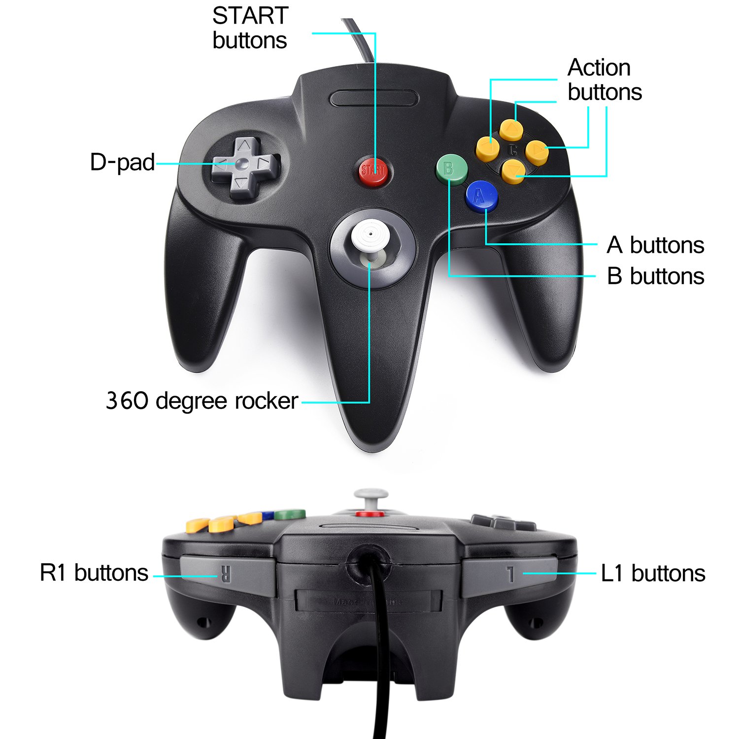 2 Pack Classic N64 Controller, suily N64 Wired USB PC Game pad Joystick, N64 Bit USB Wired Game Stick Joy pad Controller for Windows PC MAC Linux Raspberry Pi 3 Sega Genesis (Clear Green/Black)