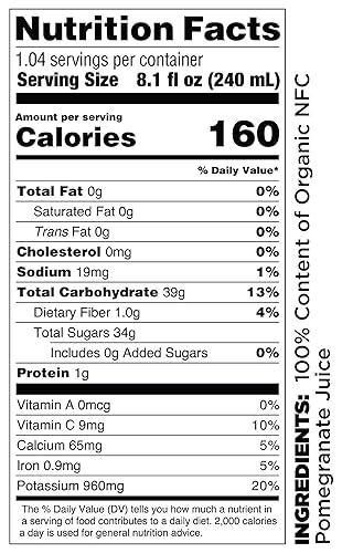 Pure Pomegranate Juice, 8.4 Ounce Bottle (Pack of 12), Cold Pressed Organic Juice, Non-GMO, No Sugar Added, Not from Concentrate, Gluten Free, Kosher Certified, Preservative Free
