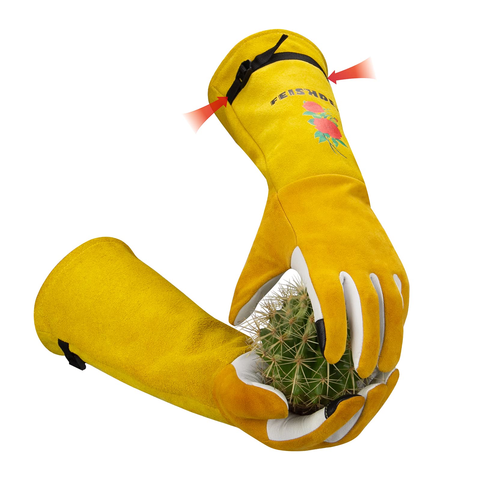 FEISHDEK Garden Gloves Women/Men Thorn Proof, Deerskin Suede, 2 Layers Leather Rose Pruning Long Gardening Gloves for Cactus Handling (Medium - Long Sleeve, Yellow)