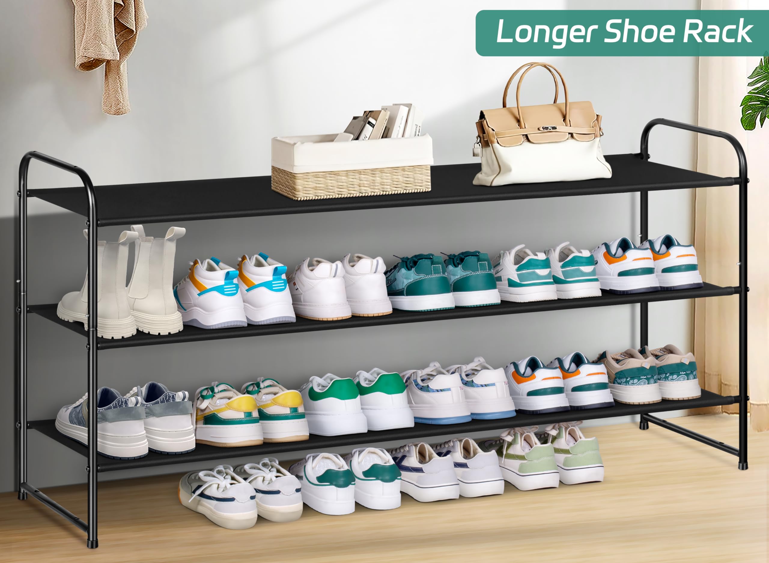 AOODA Long 3 Tier Shoe Rack for Closet Entryway, Stackable Wide Shoe Storage Organizer Holds 24 Pairs Sneaker Shelf for Bedroom, Floor, Garage, Dorm (Black)