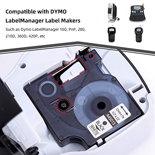 6-Pack Compatible Dymo D1 Label Tape 45013 S0720530 Replace for DYMO D1 A45013 Refills,Black on White,1/2 Inch x 23 Ft for Dymo LabelManager 160 420P 210D 280 360D PnP Label Maker