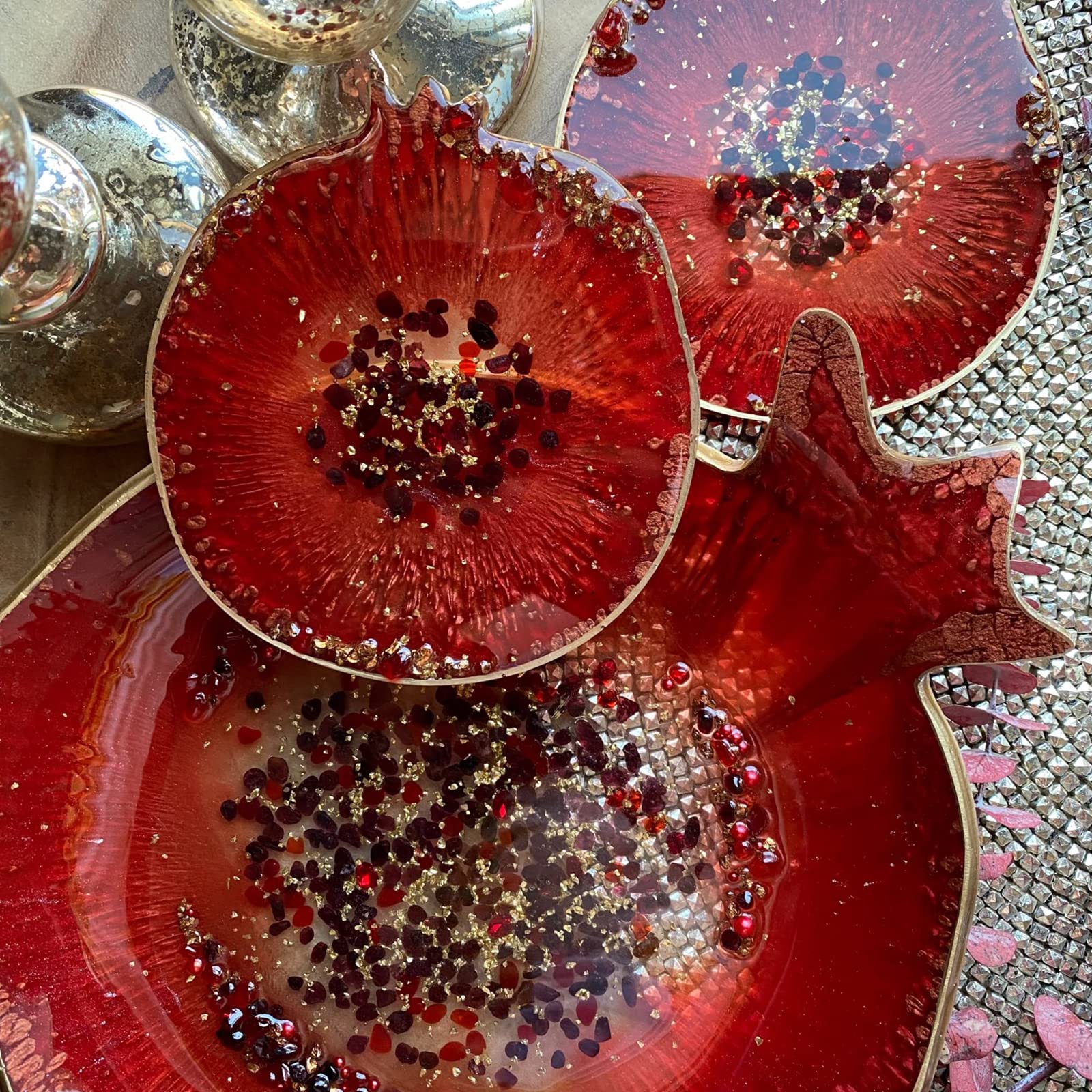 Shiny Glossy 10 inch Pomegranate Geode Large Coaster Agate Resin Silicone Molds Epoxy Fruit Style Resin Mold, Tray Resin Casting Mold for DIY Agate Coaster, Cup Mats, Bowl Mat, Home Decoration