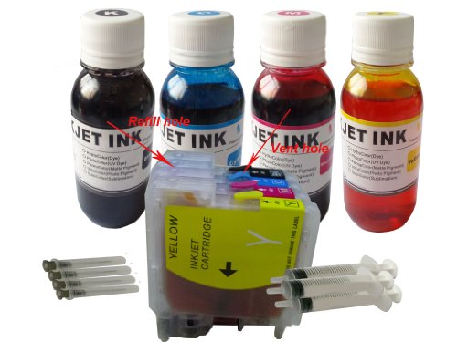 ND Brand Dinsink Brother LC61 LC65/38/16/970/980/1100 Refillable Ink Cartridge+ 400ML ND Brand Bulk Refill Ink Specially Formulated for Brother - Cyan, Yellow, Magenta, and Black Color+4Syringes for Brother :MFC-250C MFC-255CW MFC-290C MFC-295CN MFC-490CW