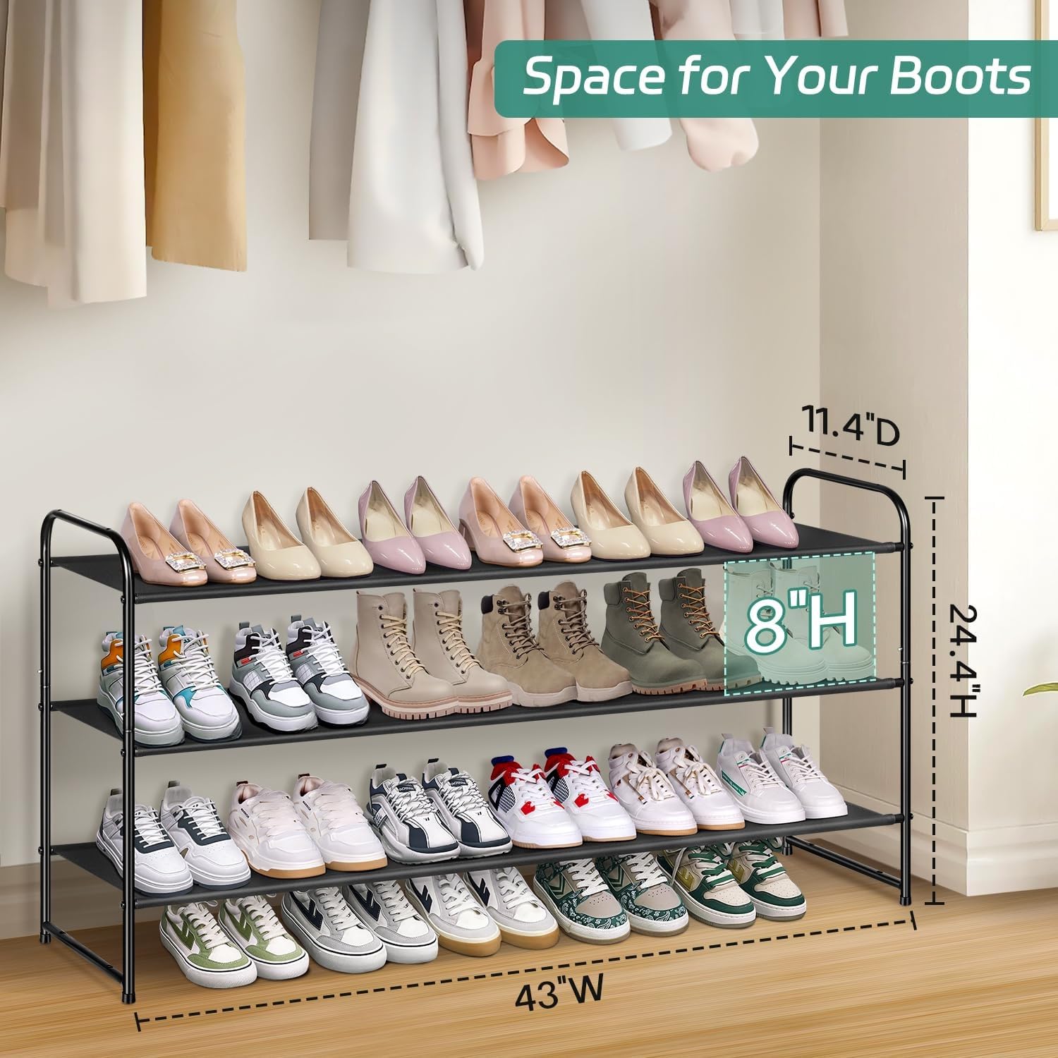 AOODA Long 3 Tier Shoe Rack for Closet Entryway, Stackable Wide Shoe Storage Organizer Holds 24 Pairs Sneaker Shelf for Bedroom, Floor, Garage, Dorm (Black)