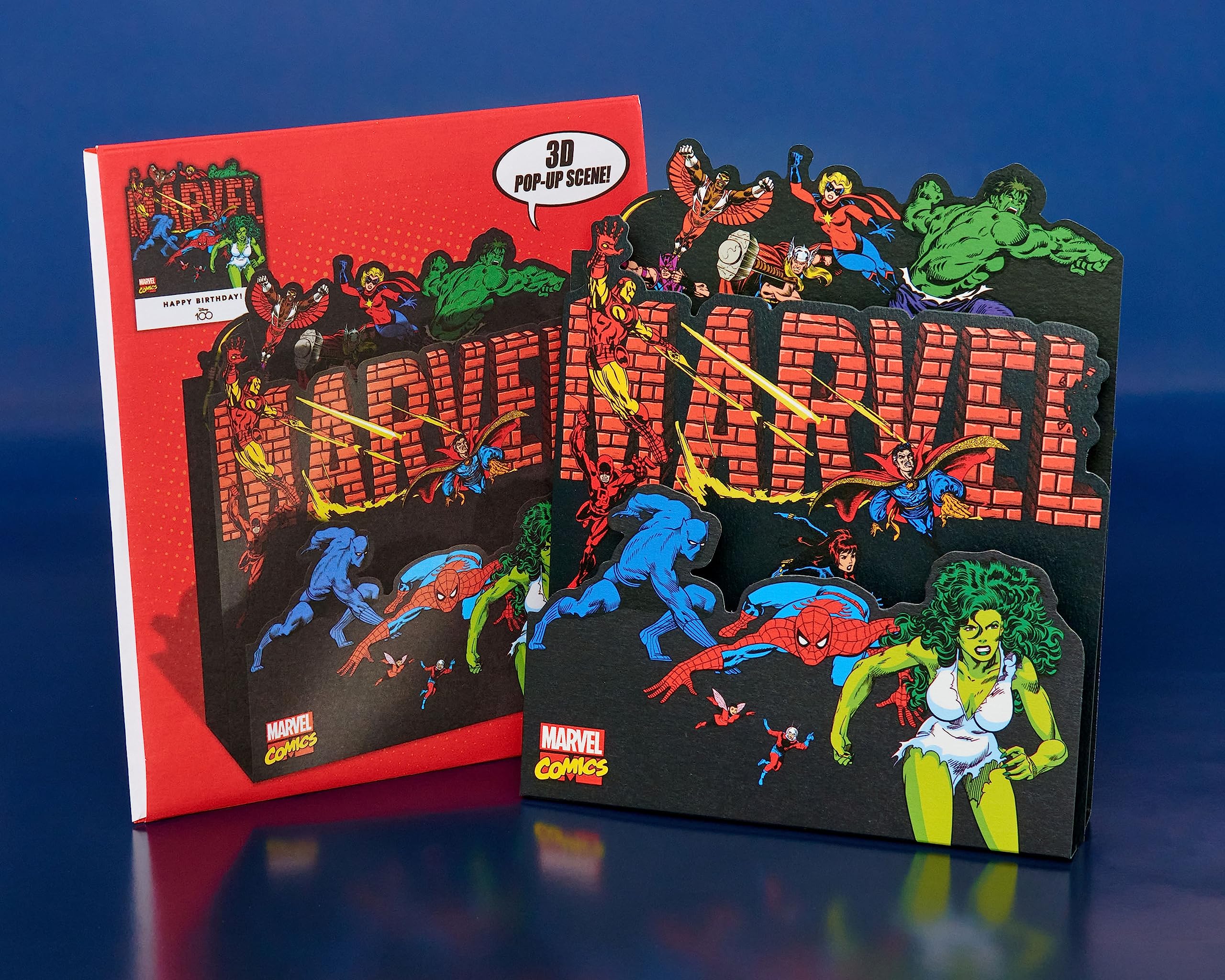 UK Greetings Marvel Birthday Card For Him/Boy/Friend With Envelope - Retro Pop-Up Design, With Iron-Man, She-Hulk, Spider-Man