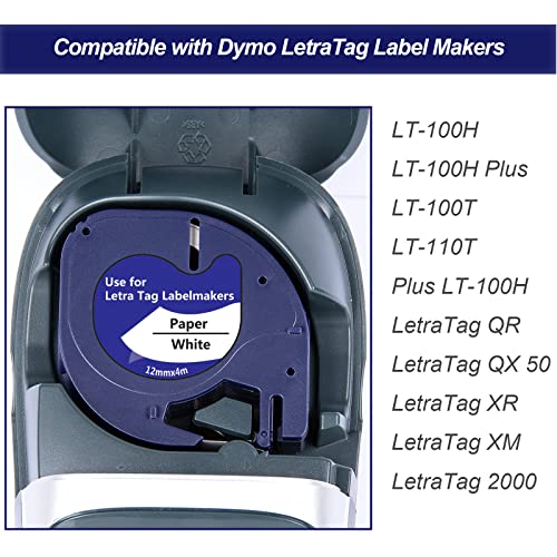 Weemay Compatible LT Paper Label Tape Replacement for Dymo Letratag Refills White Tape 12mm x 4m 91330 10697 (S0721510) Self Adhesive Paper Tape for LetraTag LT-100T LT-100H Label Machine, 8 Pack