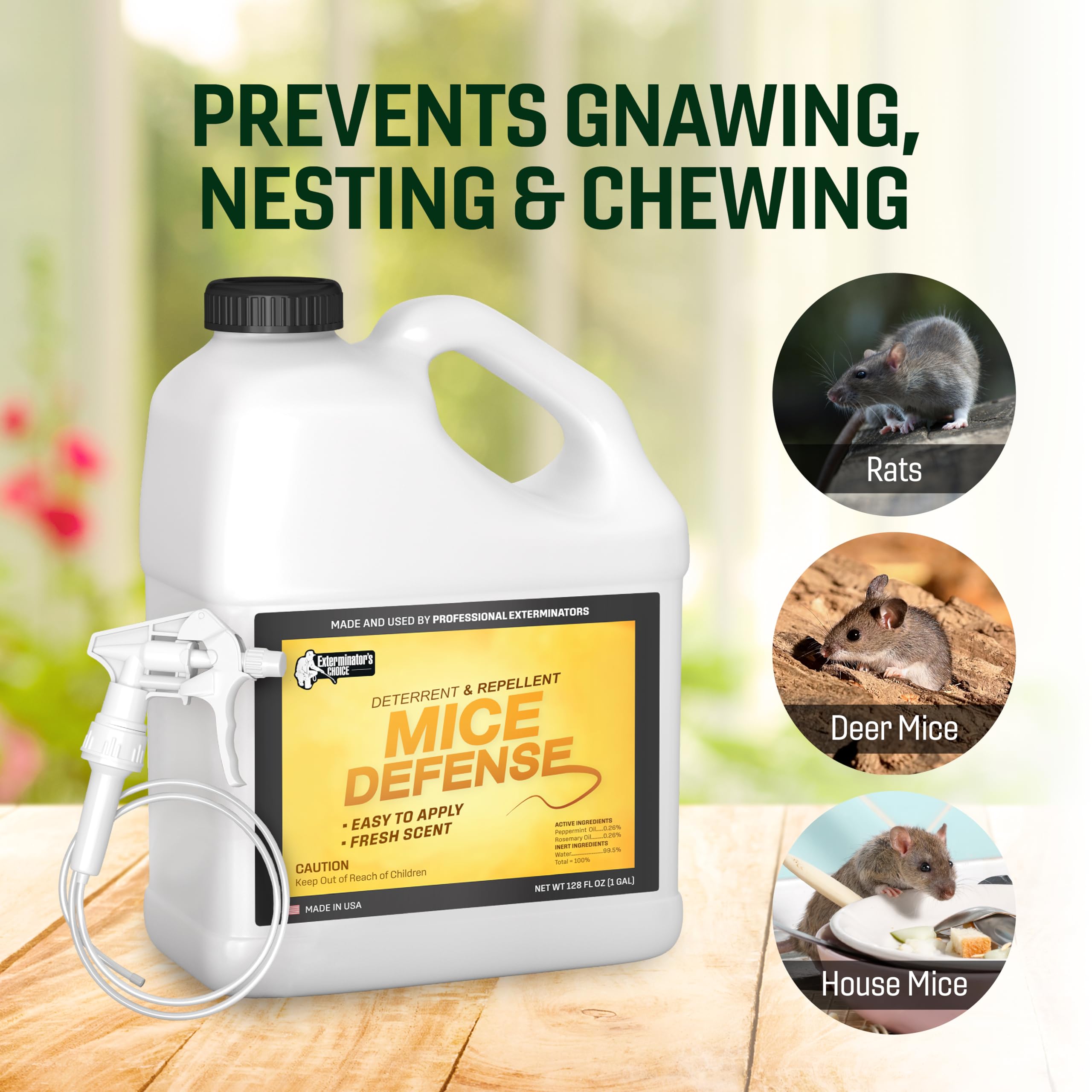 Exterminatorâs Choice Mice Repellent Spray - 1 Gallon - Rodent Defense Spray for Lawns, Gardens, Attics, and Garages - Non-Toxic Deterrent - Repels Mice and Rats - Safe for Kids and Pets