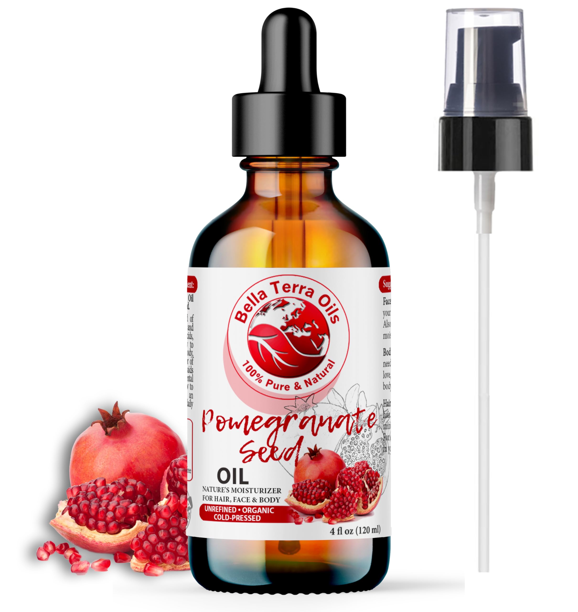 Bella Terra Oils - Organic Pomegranate Seed Oil 4oz - Basking in Phytosterols & Linoleic Acid, The Ultimate Blend for a Silken Touch & Healthy-Looking Glow