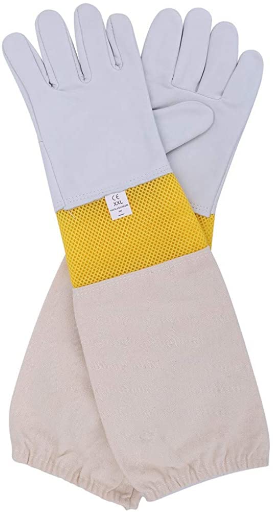 Beekeeping Gloves Bee Keeper Gloves - Premium Goatskin Leather Beekeeper Gloves with Protective Ventilated Long Canvas Sleeves & Elastic Cuffs for Beginner, Professional Beekeeping Supplies,Large