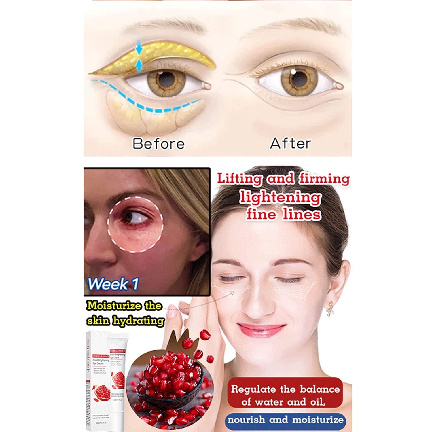 FIONEL Red Pomegranate Eye Cream, Pomegranate Vitamin C Eye Cream, Anti Aging Eye Cream, Wrinkle Eye Serum Cream Remove Dark Circles & Eye Bags, Moisturizer Eye Cream (3 pcs)