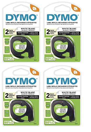 Dymo 10697 Self-Adhesive White Paper Labeling Tape for LetraTag (LT) Label Makers; 4 Blister Packs (8 Refills); Each Blister Pack with Hang Hole contains Two 1/2" Wide x 13ft Long (12mm x 4m) Refill Rolls; Black Print on White paper tape