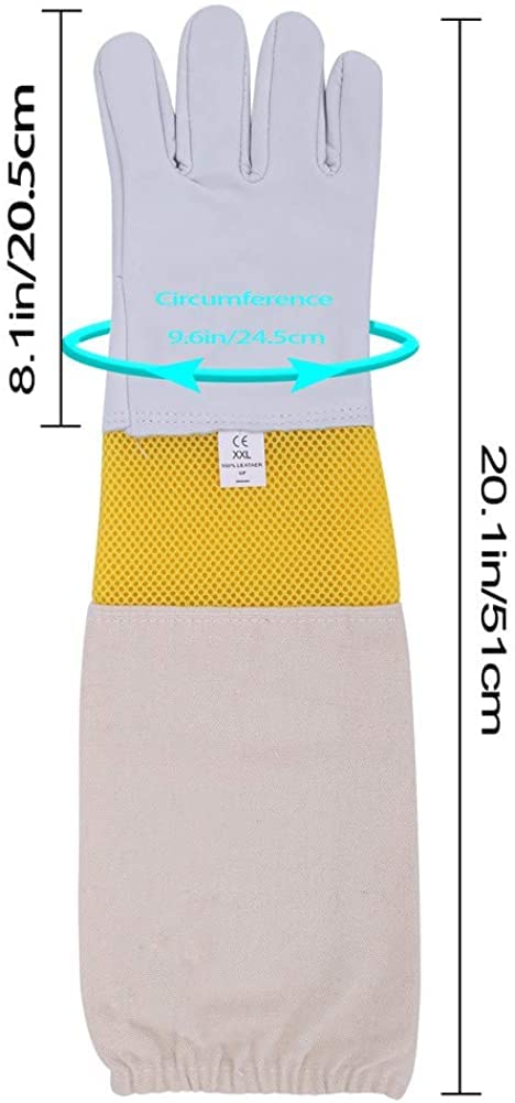 Beekeeping Gloves Bee Keeper Gloves - Premium Goatskin Leather Beekeeper Gloves with Protective Ventilated Long Canvas Sleeves & Elastic Cuffs for Beginner, Professional Beekeeping Supplies,Large