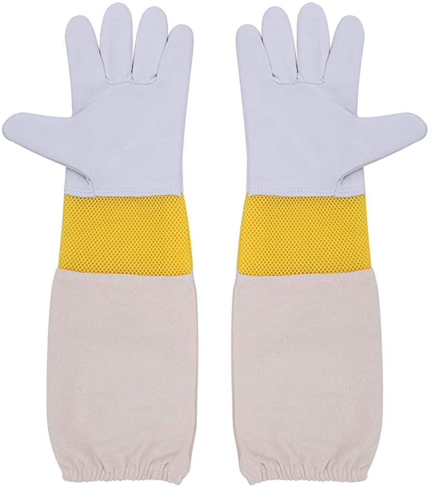 Beekeeping Gloves Bee Keeper Gloves - Premium Goatskin Leather Beekeeper Gloves with Protective Ventilated Long Canvas Sleeves & Elastic Cuffs for Beginner, Professional Beekeeping Supplies,Large