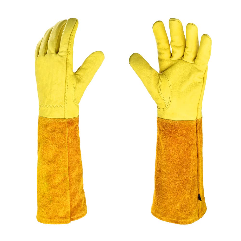 KINDE Gardening Gloves - Thorn Proof Cowhide Leather Rose/Blackberry Pruning Long Forearm Protection Gauntlet, Work Garden Gloves (YELLOW, Medium)