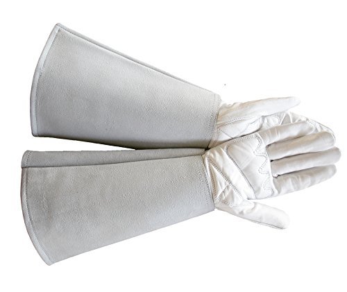 Rose Pruning Leather Garden Gloves with Thorn Proof Canvas Gauntlet Forearm Protection (Large, Color Neutral/Grey)