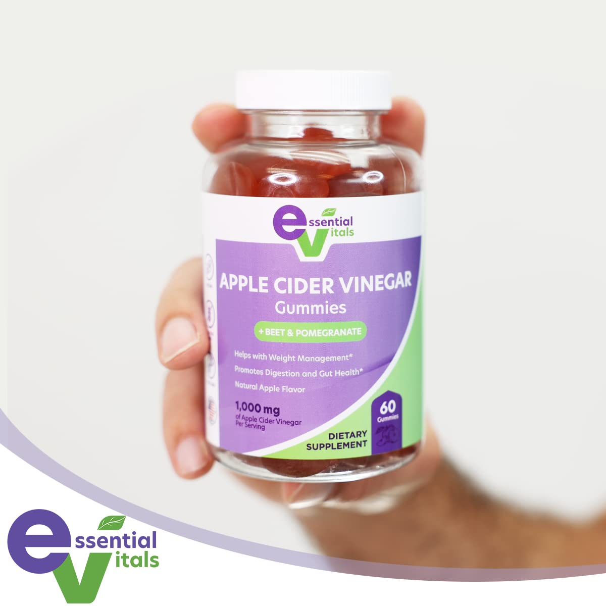 Essential Vitals - Apple Cider Vinegar Gummy Vitamins - 60 Count - (Vegan, Gluten-Free, Non-GMO, Vitamin B6, B12, Beetroot, Pomegranate)