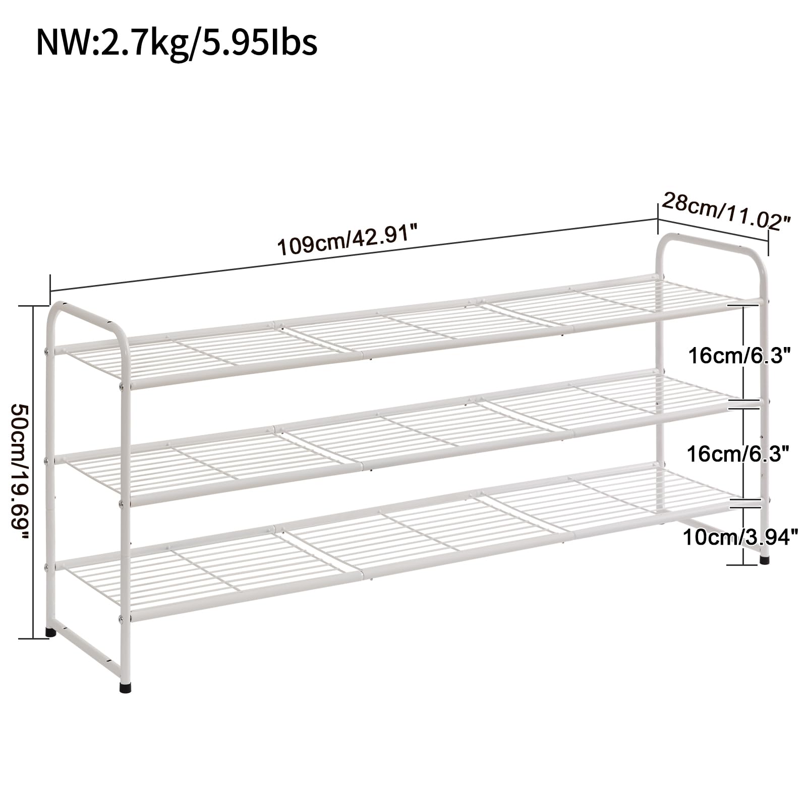 YMYNY Freestanding Shoe Racks, 3 Tiers Stackable & Adjustable Shoe Storage Shelf, Extra Large Capacity Shoe Organizer Stand for 20-24 Pairs, for Entryway, Closet, Bedroom, White, 42.9" L, UHXJ302W
