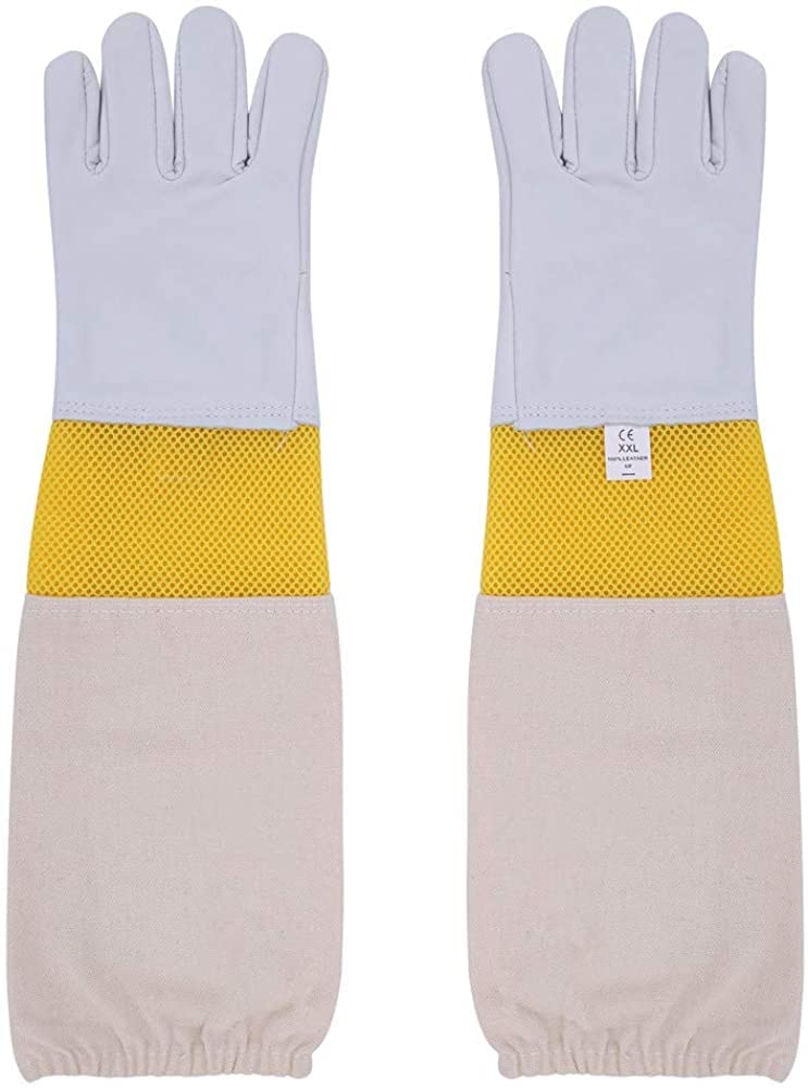 Beekeeping Gloves Bee Keeper Gloves - Premium Goatskin Leather Beekeeper Gloves with Protective Ventilated Long Canvas Sleeves & Elastic Cuffs for Beginner, Professional Beekeeping Supplies,Large