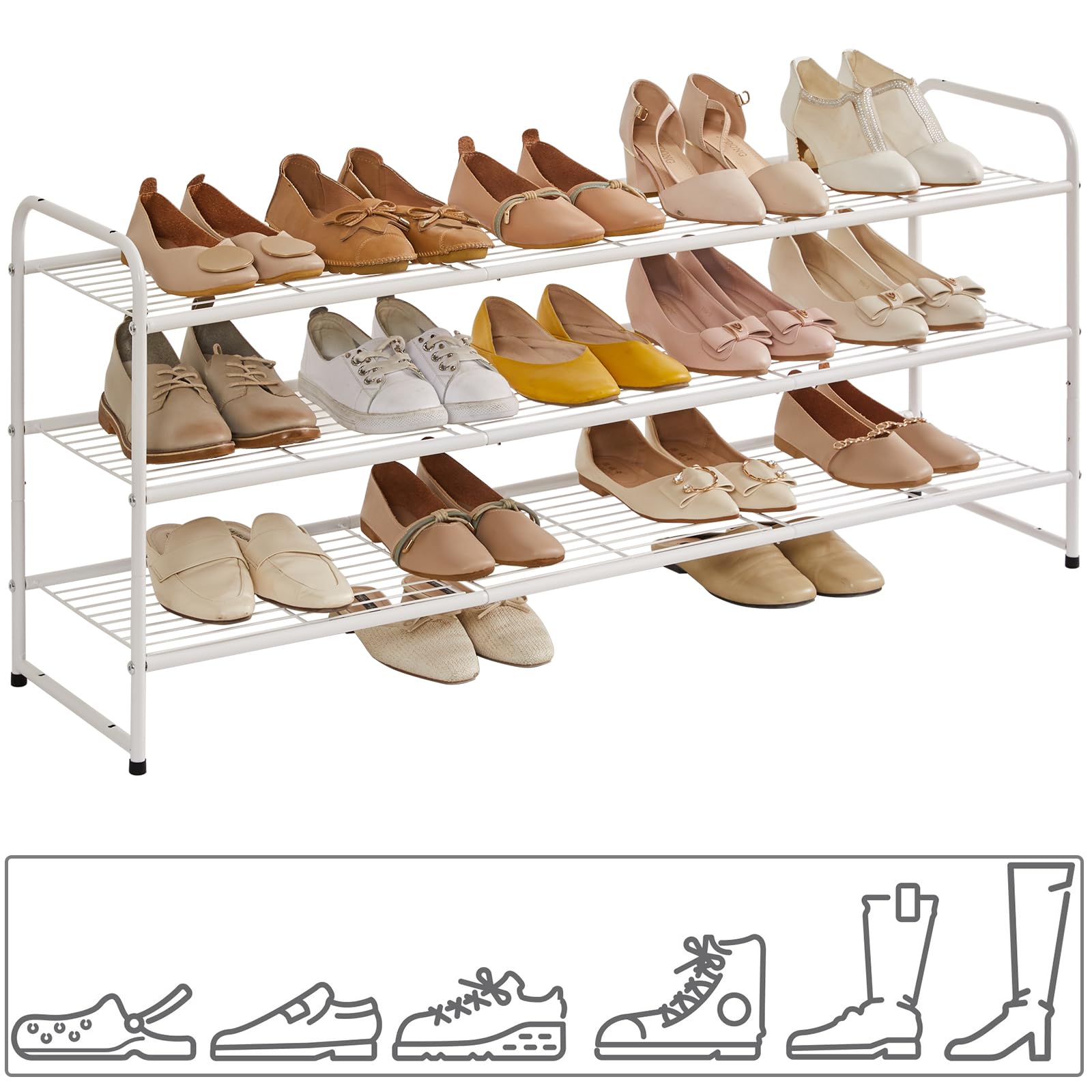 YMYNY Freestanding Shoe Racks, 3 Tiers Stackable & Adjustable Shoe Storage Shelf, Extra Large Capacity Shoe Organizer Stand for 20-24 Pairs, for Entryway, Closet, Bedroom, White, 42.9" L, UHXJ302W