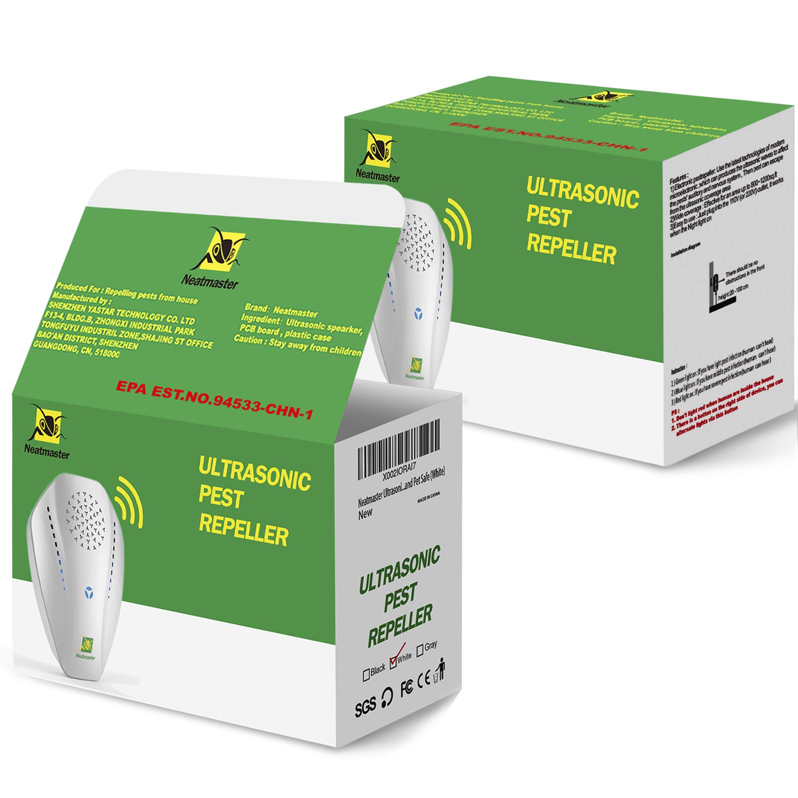 Neatmaster Ultrasonic Pest Repeller, Electronic Pest Repellent Ultrasonic Plug in, Pest Control for Bug, Roach, Spider, Ant, Flies, Mosquito; Bug Repellent Indoor for House, Garage, Warehouse