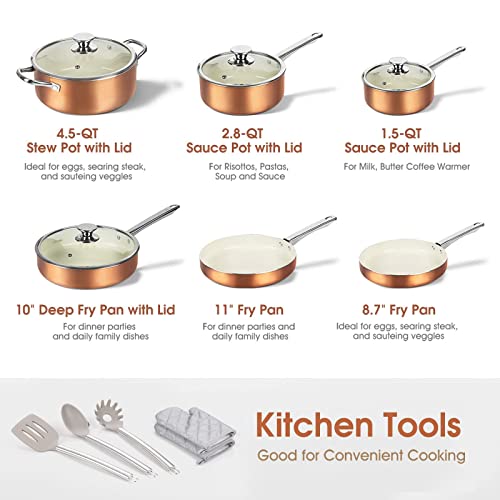 FRUITEAM 13-Piece Cookware Set Non-stick Ceramic Coating Cooking Set, Induction Pots Pans Set with Lids, Heavy Duty Stainless Steel Handles, Induction, Oven, Gas, Stovetops Compatible for Family Meals