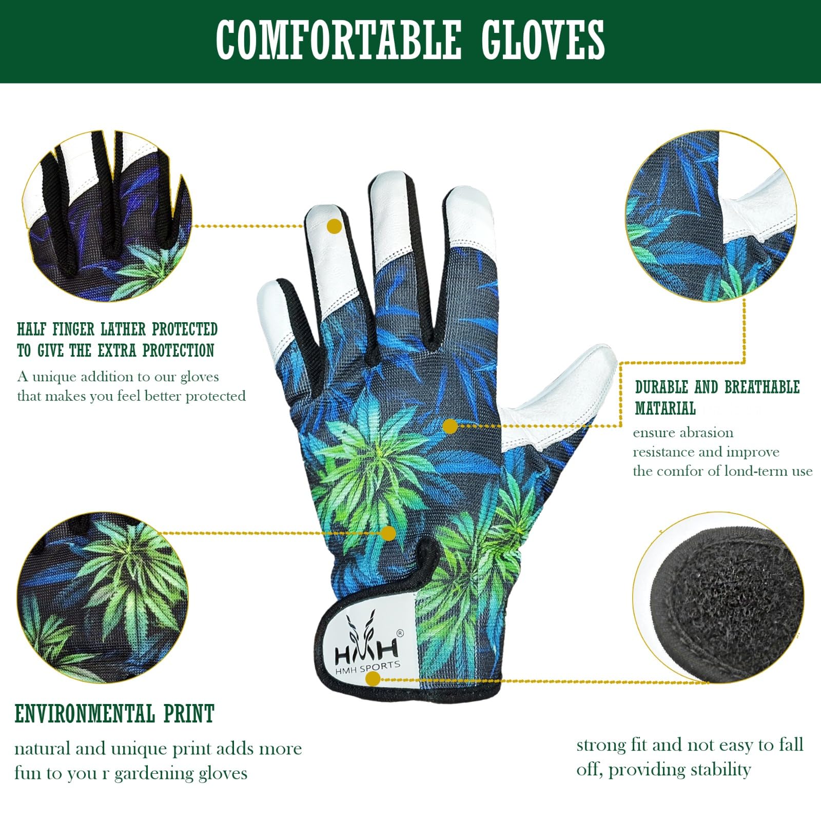 HMH Leather Gardening Gloves - Large, Green Short, Unisex