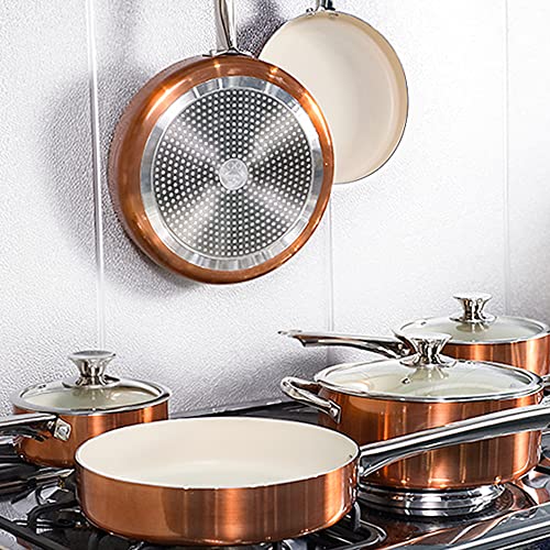 FRUITEAM 13-Piece Cookware Set Non-stick Ceramic Coating Cooking Set, Induction Pots Pans Set with Lids, Heavy Duty Stainless Steel Handles, Induction, Oven, Gas, Stovetops Compatible for Family Meals