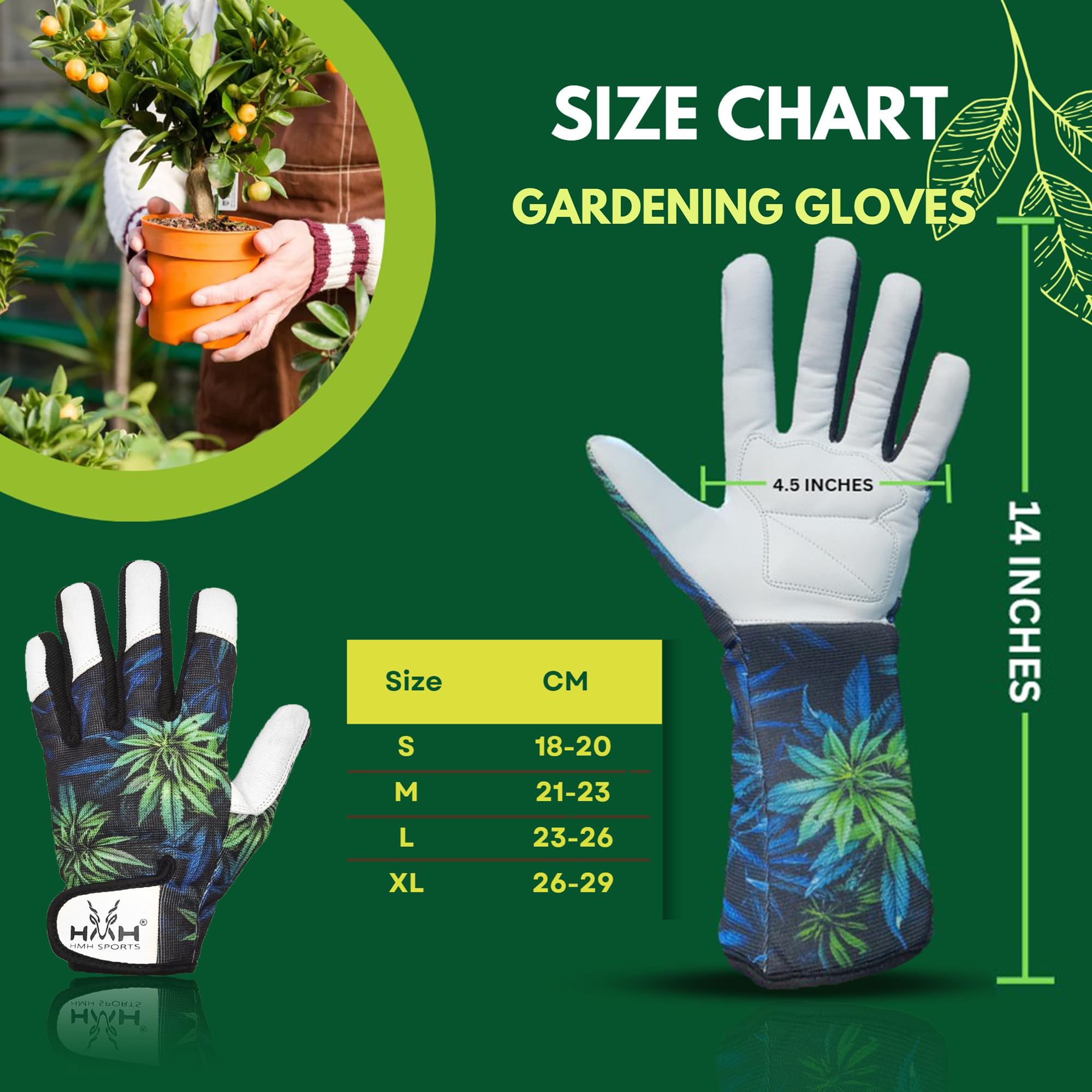 HMH Leather Gardening Gloves - Large, Green Short, Unisex