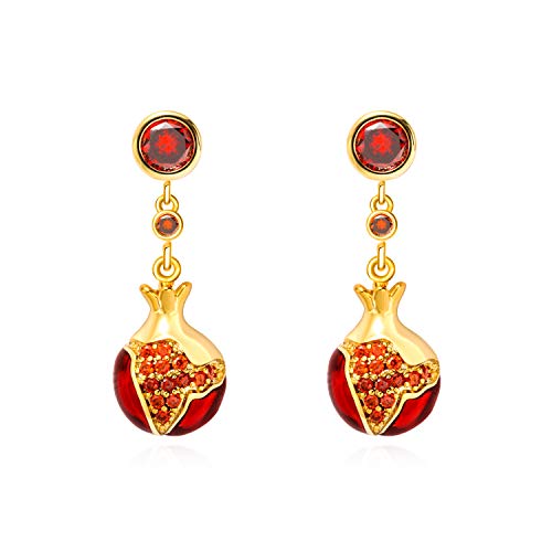 SISMIURRA Pomegranate Dangle Earrings 18K Gold Plated with Red AAAAA Sparkling Cubic Zirconia Fruit Drop Earrings Birthday Gift for Women