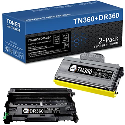 NUCALA Compatible TN360 TN-360 Toner & DR360 DR-360 Drum Replacement for Brother HL-2140 2150 2120 2125 2170 2170W MFC-7040 7340 7320 7345DN 7840 7440N 7840W Printer (2-Pack Black, 1Toner+1Drum)