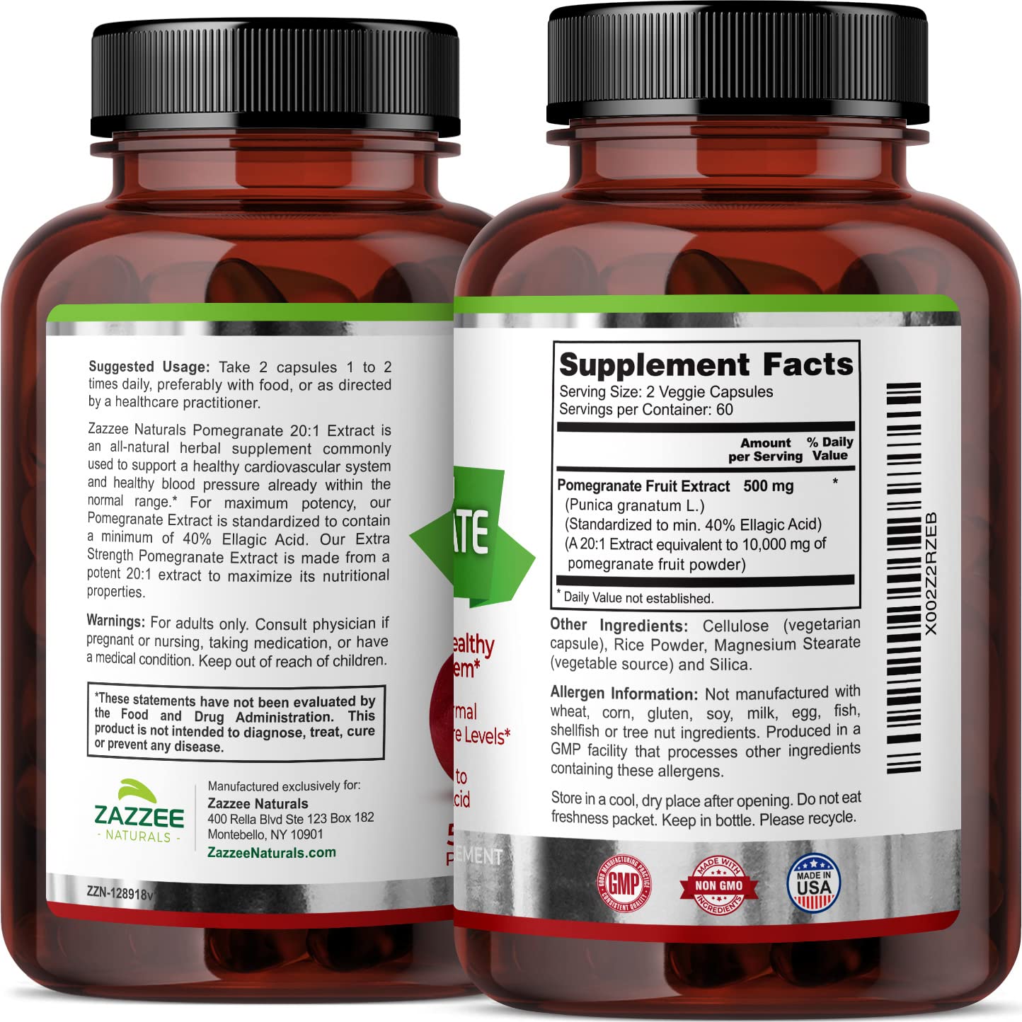 Zazzee Extra Strength Pomegranate 20:1 Extract, 5000 mg Strength, 40% Ellagic Acid, 120 Vegan Capsules, 4 Month Supply, Standardized, Concentrated 20X Extract, 100% Vegetarian, All-Natural and Non-GMO