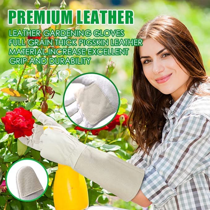AIGEVTURE Rose Pruning Gloves Long Sleeve Thorn Proof,Rose Gardening Gloves for Men Women Long Gauntlet,Grain Cowhide Leather Brown(Medium)