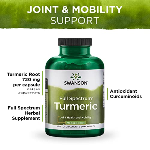 Swanson Turmeric Antioxidant, Joint Health, Cardiovascular, Liver Detox, Mood and Memory Support Supplement Curcuma Longa (Rhizome) 720 mg, 240 Capsules, 120 Servings, 1.44 Grams per Serving
