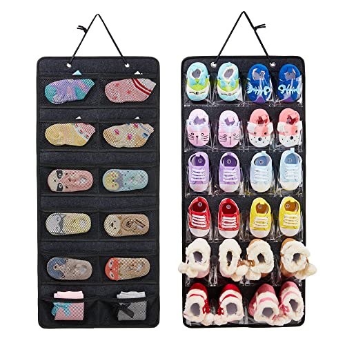 HUHYNN Baby Shoe Organizer for 12 Pairs of Boys Girls Baby Shoes, Double Sided Baby Shoe Organizer with Multiple Pockets(No Accessories Included) (Black)